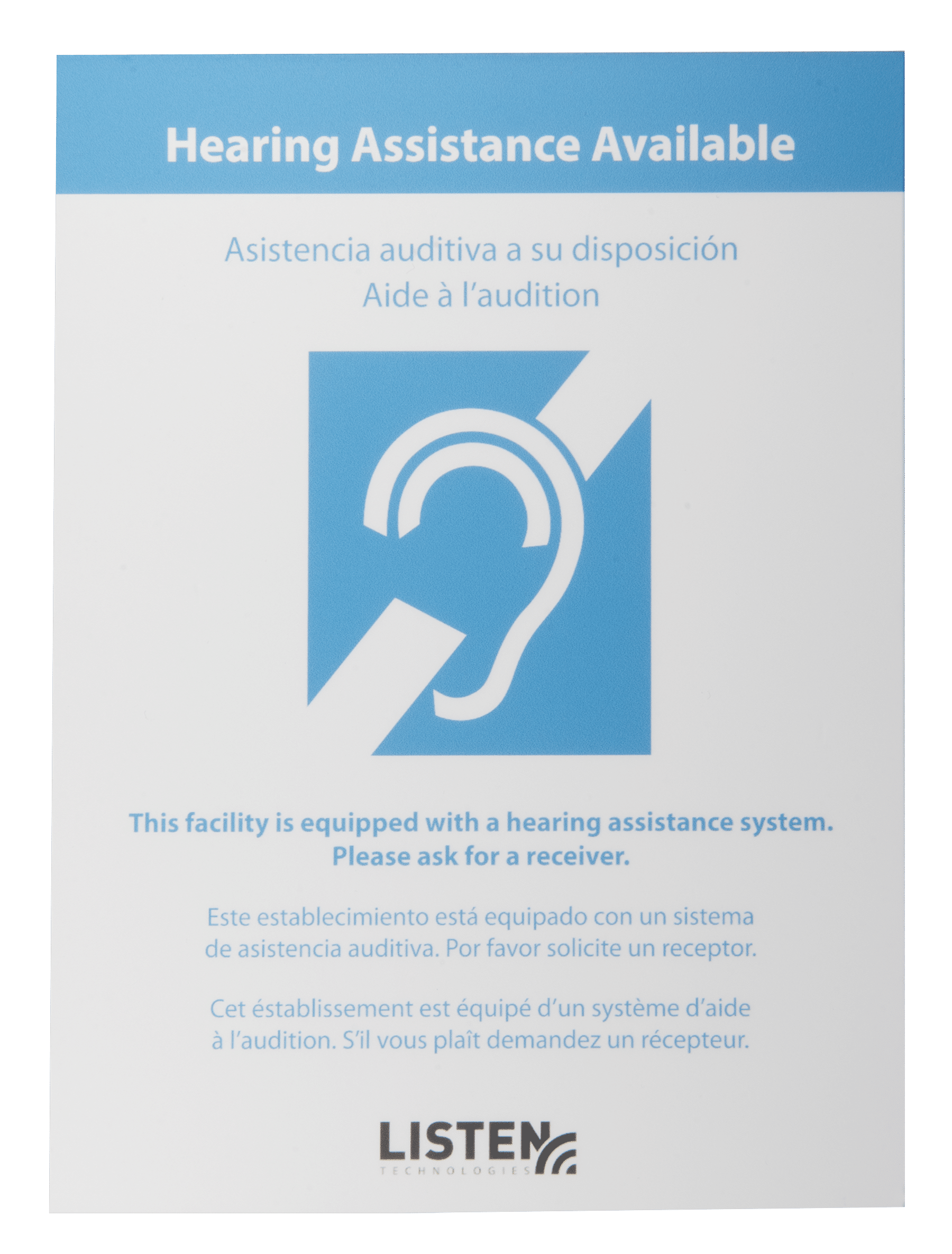 Multi-Lingual Assistive Listening Notification Sign - Listen Technologies